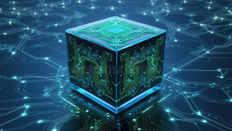 Futuristic Cube with Circuit Design Floating in Vast Digital Network ...