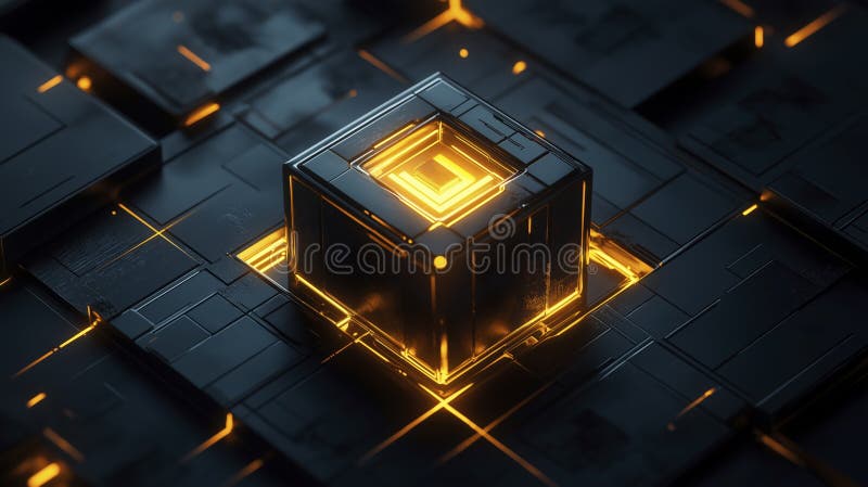 Futuristic Cube Design with Glowing Yellow Light, Set Against Dark ...