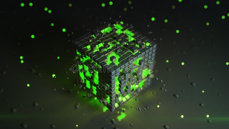 Futuristic Cube with Glowing Green Elements 3D Rendering Stock ...