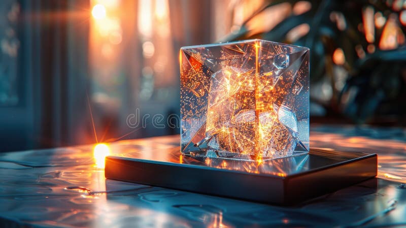 Futuristic Cube Glowing with Sparkling Lights on Table Stock Photo ...