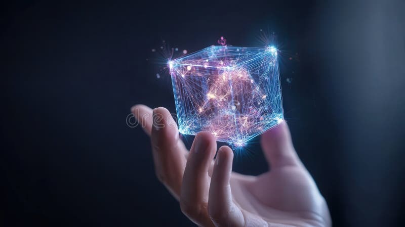 Futuristic Cube Hologram in Hand Innovation Technology Network Stock ...
