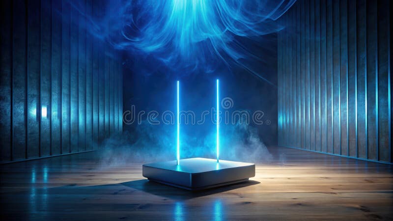 Futuristic Cube Platform with Glowing Blue Neon Lights in a Smoky ...