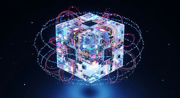 A Futuristic Cube Represents a Complex Digital or Quantum Computer. Its ...