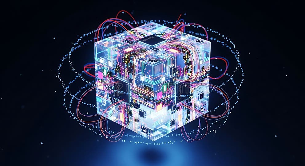 A Futuristic Cube Represents a Complex Digital or Quantum Computer. Its ...