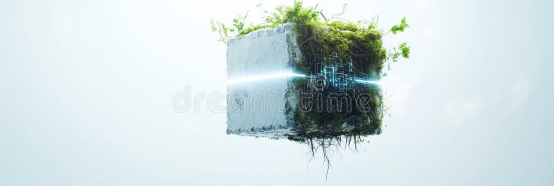 Futuristic Cubic Structure with Moss and Technology, Illuminated with a ...
