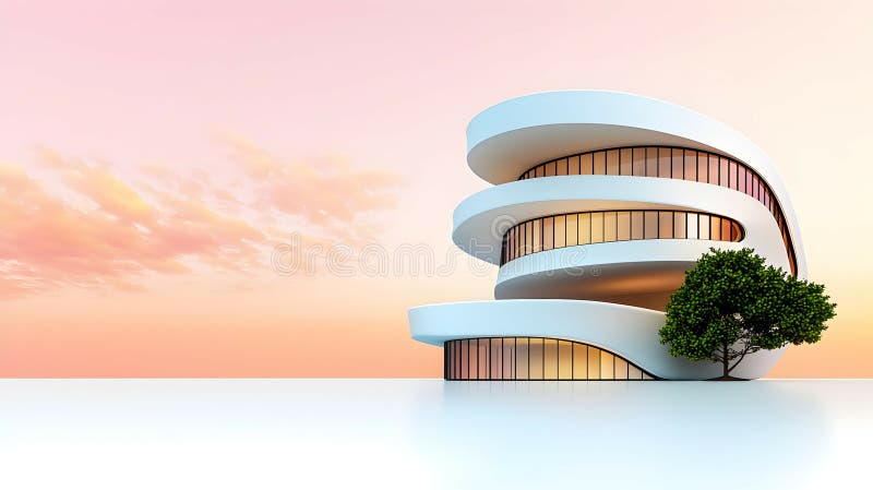 Futuristic Curved Building at Sunset Stock Illustration - Illustration ...