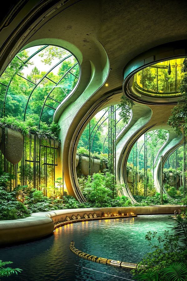 A Circular Building with a Pool in the Middle of it Stock Photo - Image ...