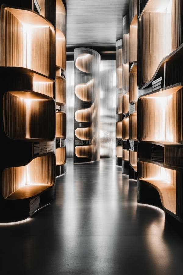 Futuristic Curved Library Hallway with Illuminated Shelves Stock Photo ...