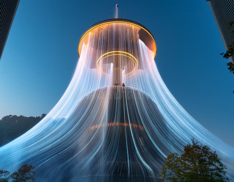 A Futuristic Curved Tower with Waterfalls of Liquid Light Cascading ...
