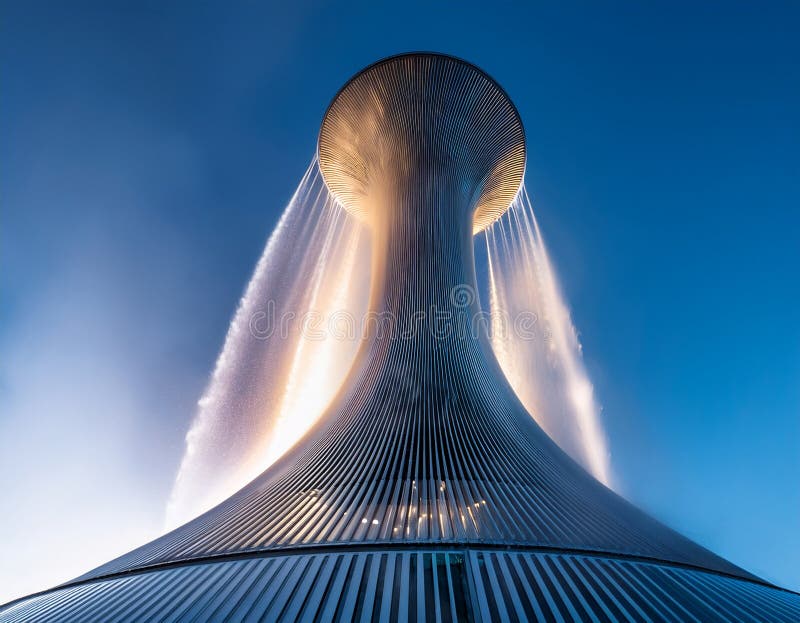 A Futuristic Curved Tower with Waterfalls of Liquid Light Cascading ...