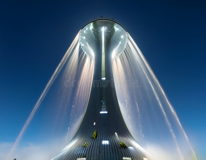A Futuristic Curved Tower with Waterfalls of Liquid Light Cascading ...