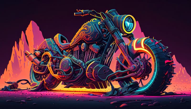 A Futuristic Custom Motorcycle with Neon Lights. Stock Illustration ...