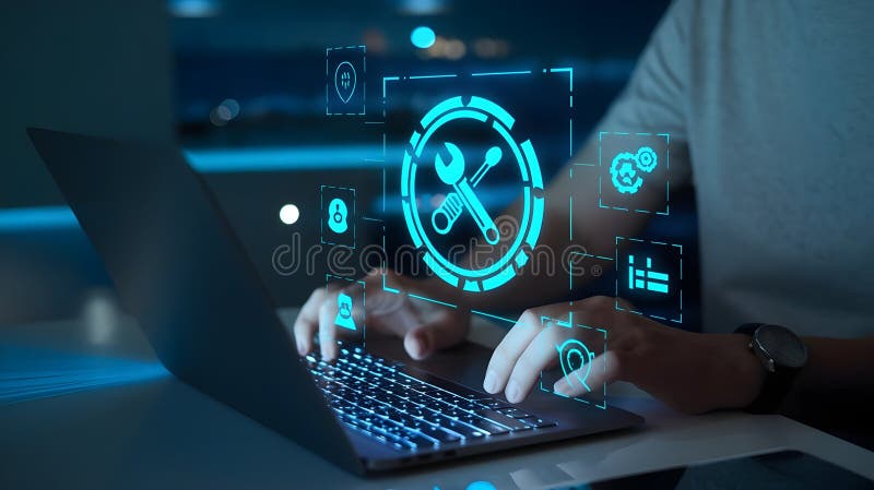 Futuristic Customer Support Interface with Holographic Tech Icons ...