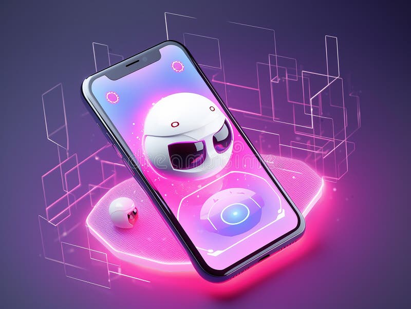 Futuristic Cute Robot in Screen of Smartphone. Concept of Chatbot with ...