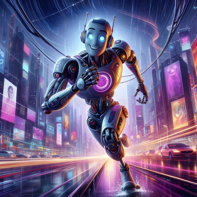 Futuristic Cute Running Robot Illustration Stock Vector - Illustration ...