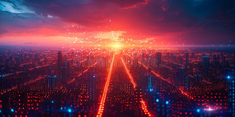 Futuristic Cyber City Skyline at Sunset with Data Stream Visualization ...