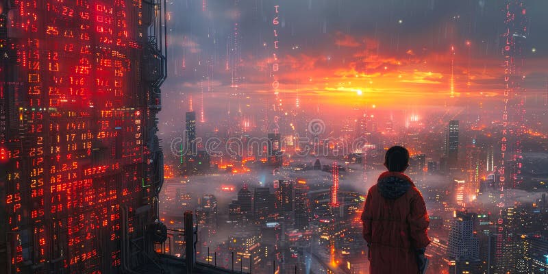 Futuristic Cyber Cityscape with Data Streams and Sunset View Person in ...