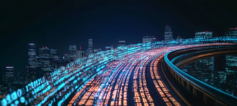Futuristic Cyber Cityscape with Digital Grid Roads and Data Traffic ...