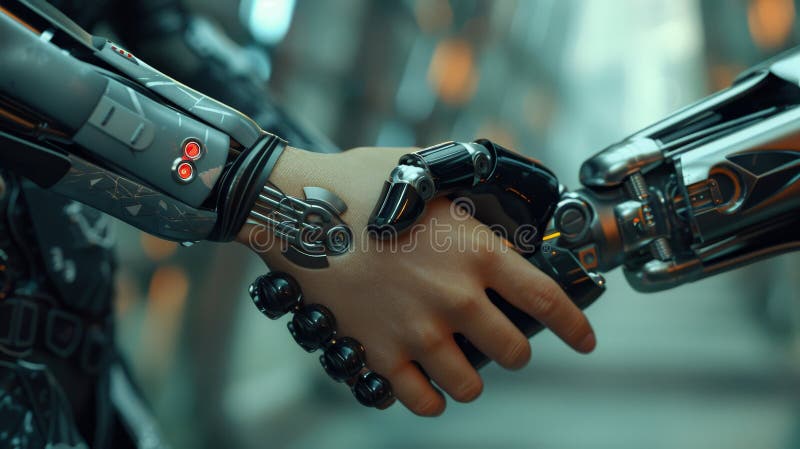Futuristic Cyber Communication Human and Female Robot Shake Hands in ...