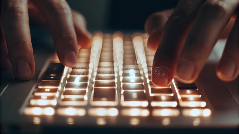 Futuristic Cyber Fingers Tapping on Holographic Keyboard Dim Setting Focused Action Nighttime ...