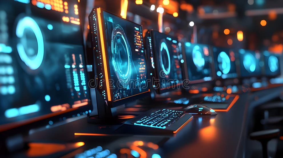 Futuristic Cyber Gaming Setup with Neon Lights and Multiple Computer ...
