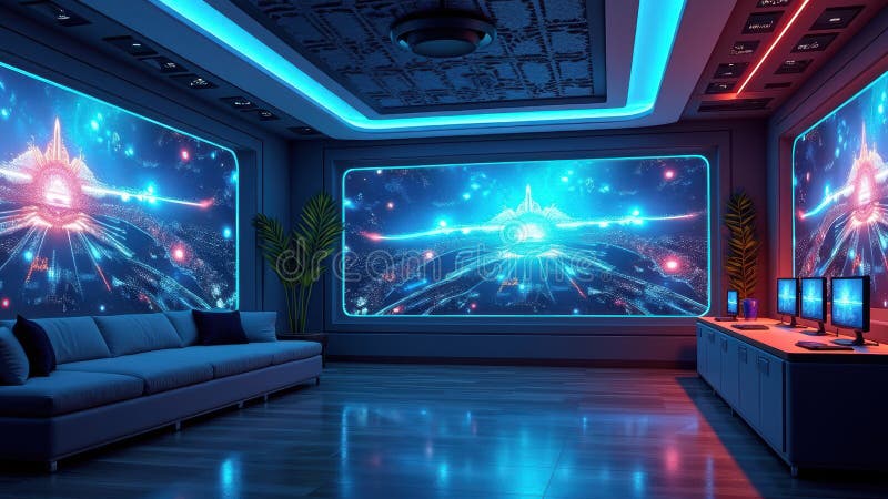 Futuristic Cyber Lounge with Neon Lights and Data Visualizations Stock ...
