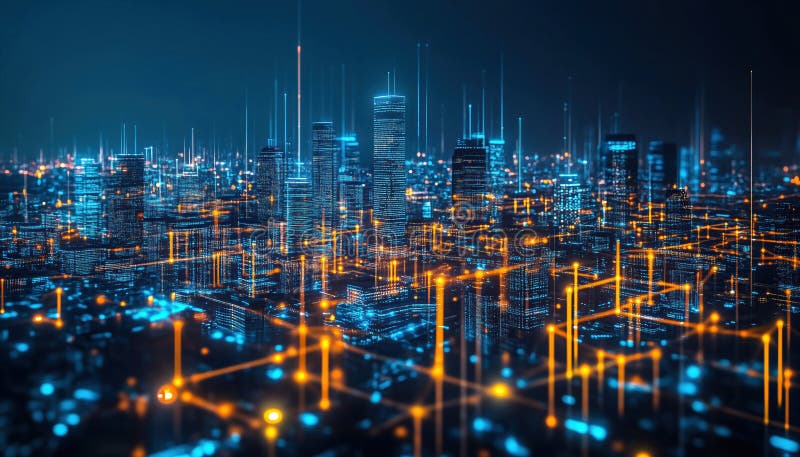 Futuristic Cyber Night Mega City Landscape with Glowing Lights and Dark ...