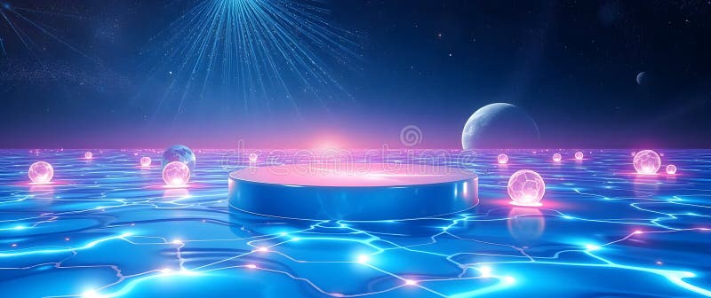 Futuristic Cyber Platform Display with Glowing Spheres and Stars Stock ...