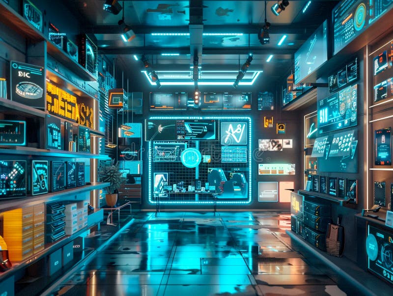 Futuristic Cyber Room with Monitors Stock Illustration - Illustration ...