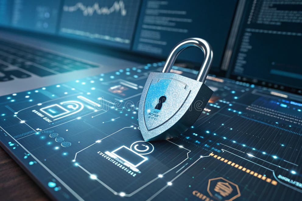 Concept of Cyber Security Designed As Lock on Defensive Shield Stock ...