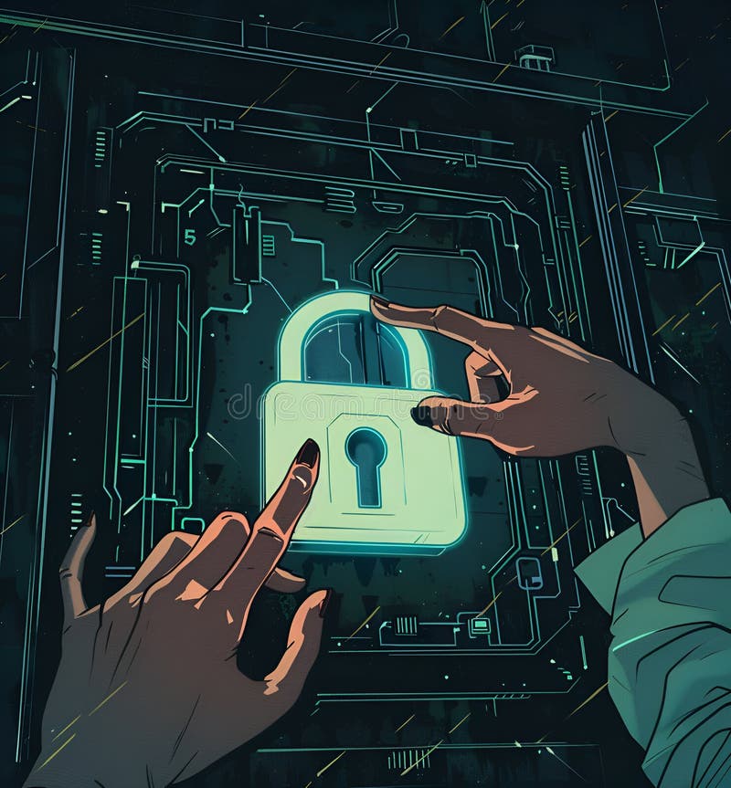 Futuristic Cyber Security Interface with Glowing Padlock and Hands ...