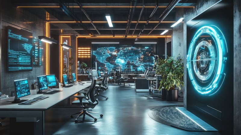 Futuristic Cyber Security Office with Digital Interface and World Map ...