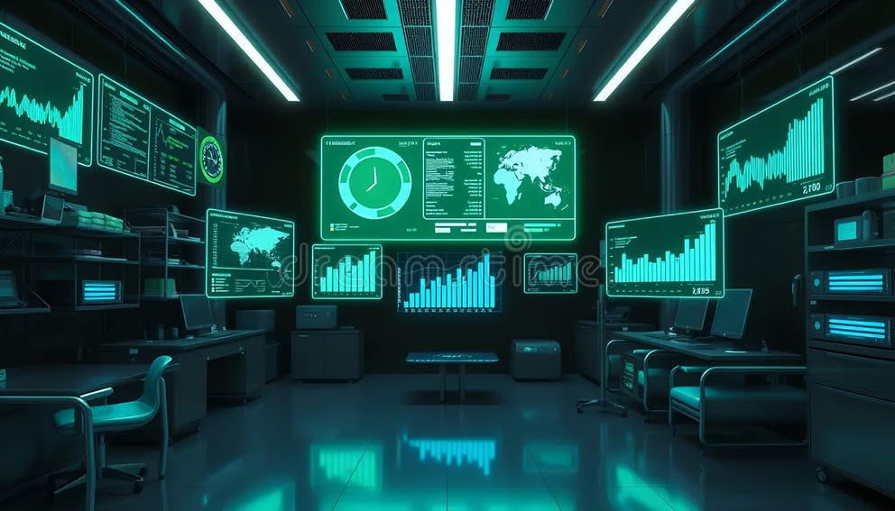 Futuristic Cyber Security Operations Center with Glowing Green Data Displays Stock Photo - Image ...