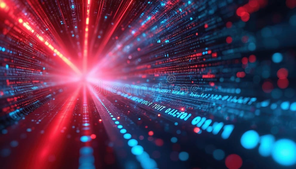 Futuristic Cyber Space Design with Digital Data Streams, Binary Code. Dynamic Red Light Rays ...