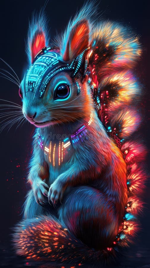 Futuristic Cyber Squirrel with Glowing Neon Accents and Technological ...