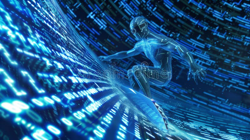Futuristic Cyber Surfer Riding Glowing Digital Transformation Wave ...