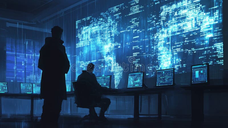 Futuristic Cyber Surveillance Room with Global Digital Map Display ...