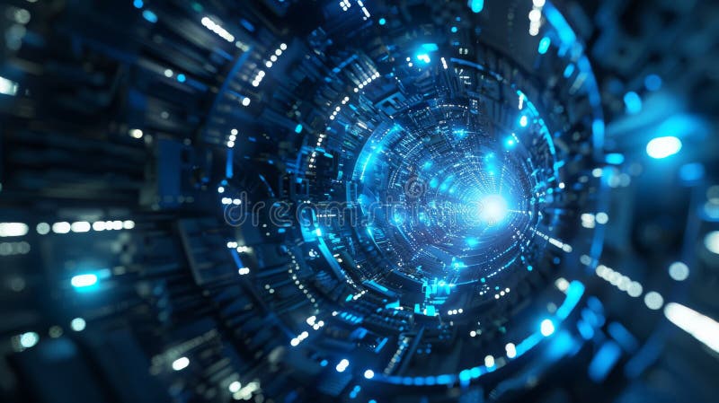 A Futuristic Cyber Tunnel is Emerging into a Bright Light within the ...