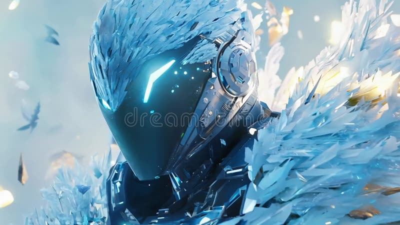 Futuristic Cyber Warrior with Blue Feathered Armor Closeup Stock Video ...