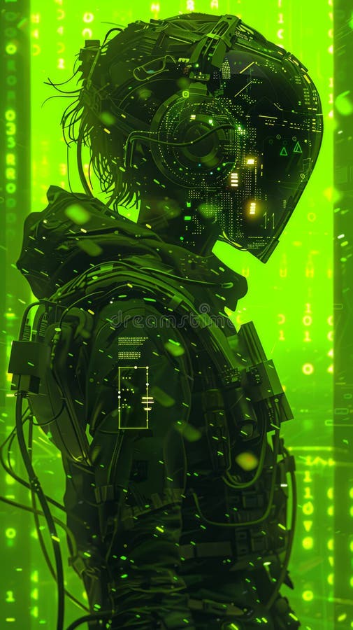 Futuristic Cyber Warrior in High Tech Armor with Neon Green Background ...