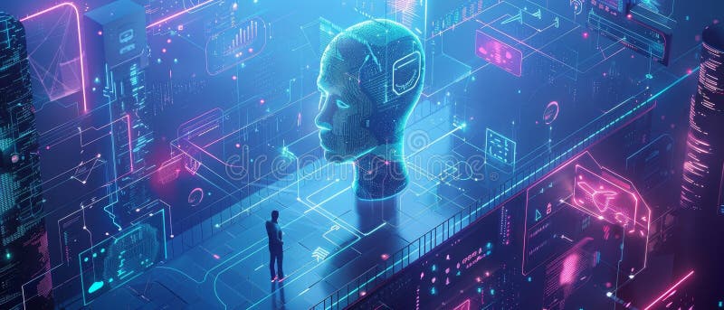 Futuristic Cyber World Concept with a Giant AI Head, Digital Circuits ...
