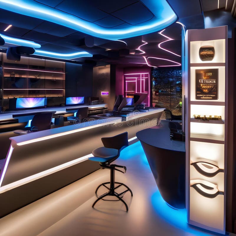 A Futuristic Cybercafe with Sleek Computers, LED-lit Counters, and High ...