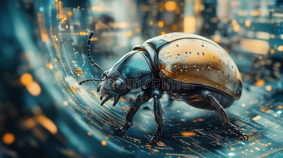 A Futuristic Cybernetic Beetle with a Metallic Shell, Glowing in a High ...