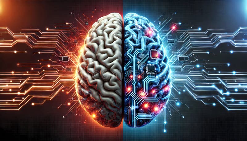 Futuristic Cybernetic Brain Split into Organic and Digital Halves ...