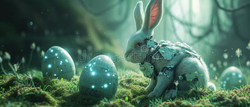 Futuristic Cybernetic Bunny Examining Glowing High-tech Eggs in ...