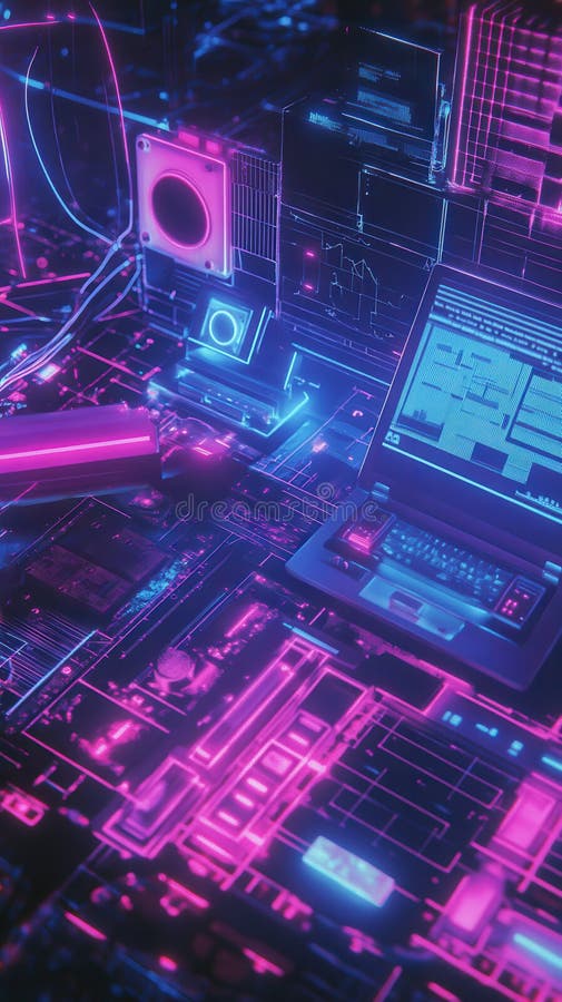 Futuristic Cybernetic Computer with Neon Lights Stock Illustration ...