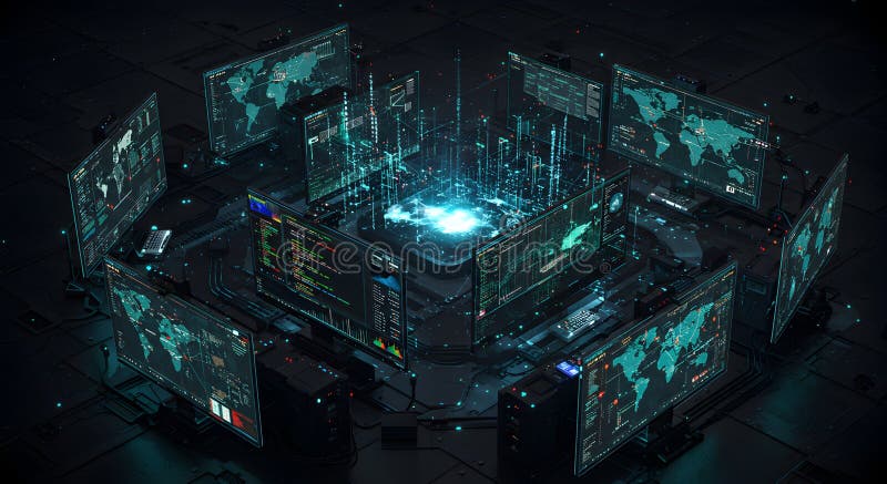 Futuristic Cybernetic Control Center: Global Data Visualization and Analysis Stock Illustration ...