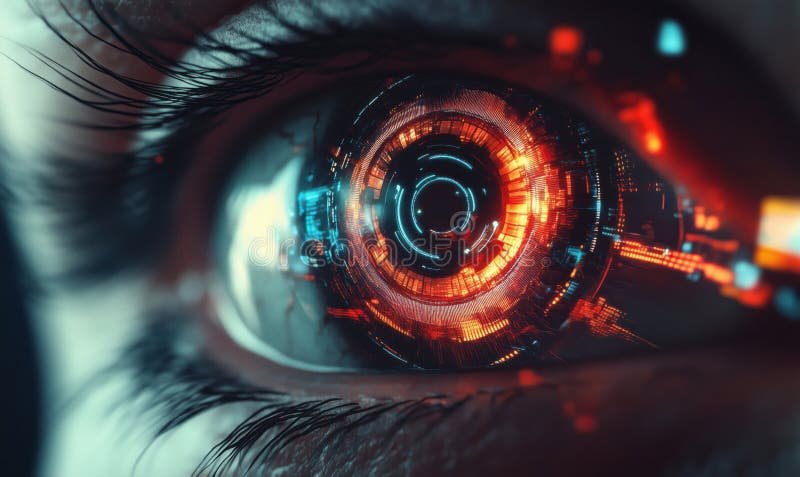 Futuristic Cybernetic Eye Glowing Red Blue Digital Patterns Stock ...