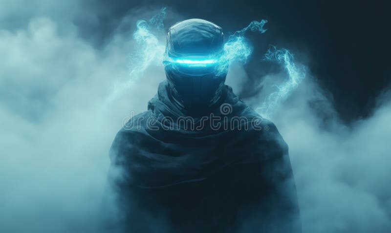 Futuristic Cybernetic Figure with Glowing Blue Visor in Misty ...