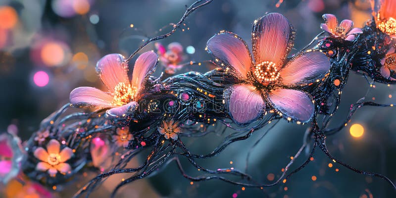 Futuristic Cybernetic Floral Fusion with Neon Elements and Digital Bloom Stock Illustration ...